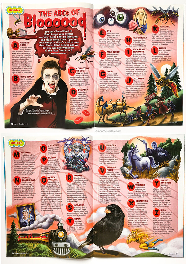 The Abcs of Blood for Owl Magazine – Hireillo | Hire an Illustrator