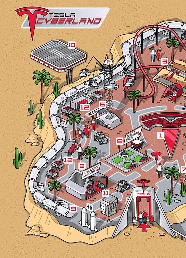 Tesla Concept Theme Park Map – Hireillo | Hire an Illustrator