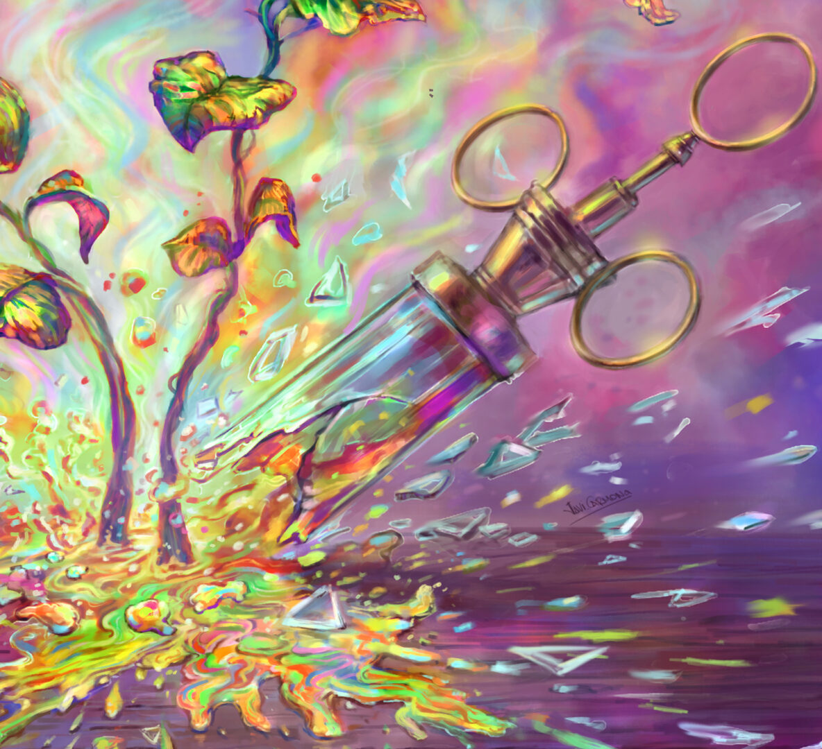 Medieval-style syringe with some vivid rainbow-colored liquid ...