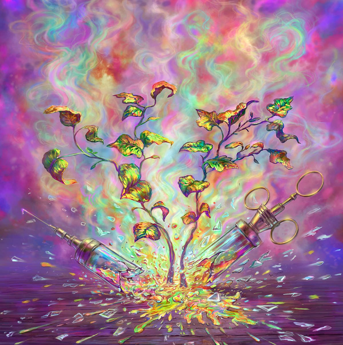 Medieval-style syringe with some vivid rainbow-colored liquid ...